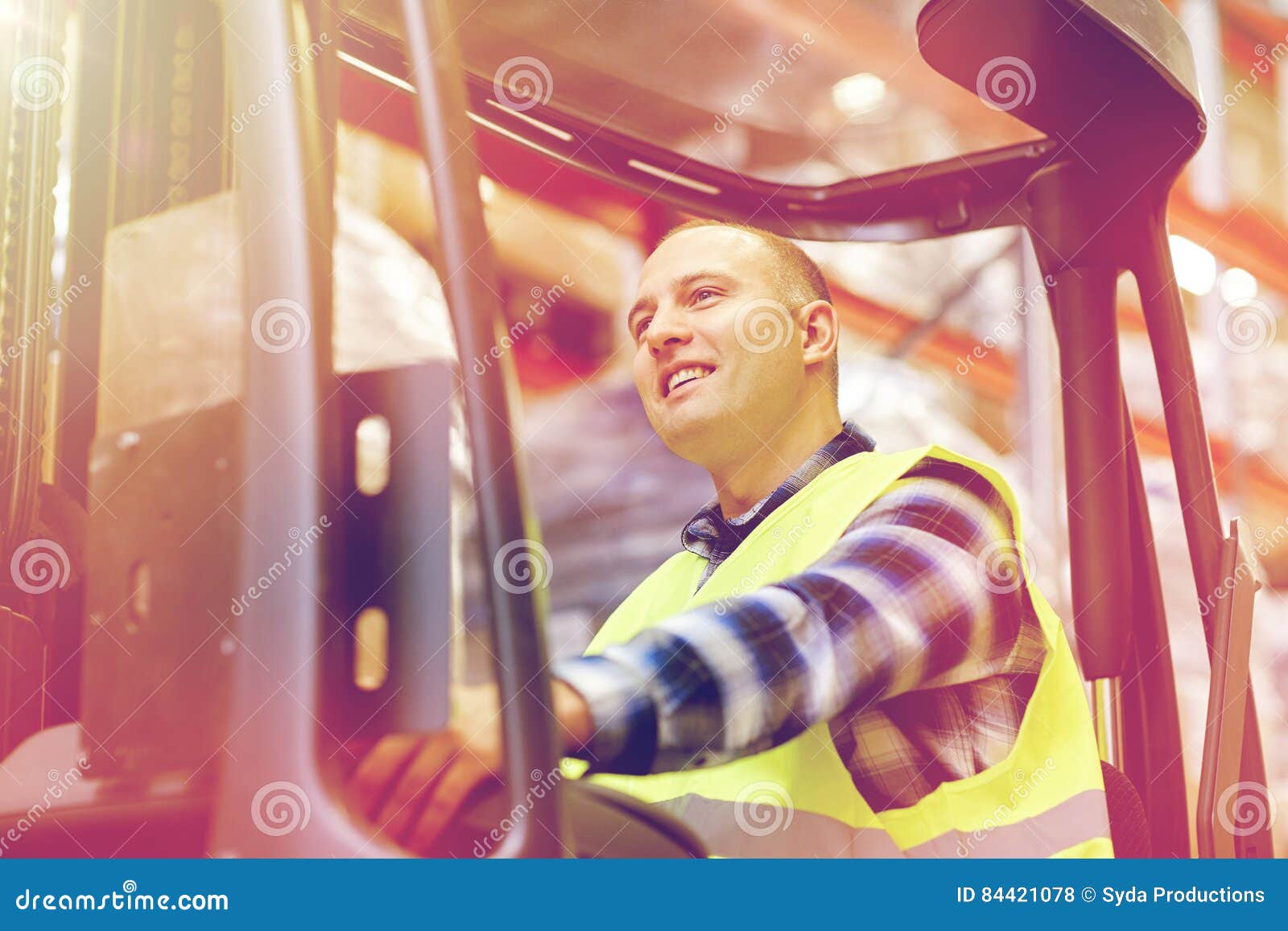 Man Operating Forklift Loader at Warehouse Stock Photo - Image of labor ...