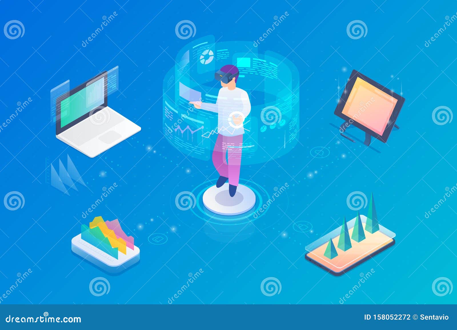 Man Operating Holographic Interface HUD Isometric Flat Vector ...