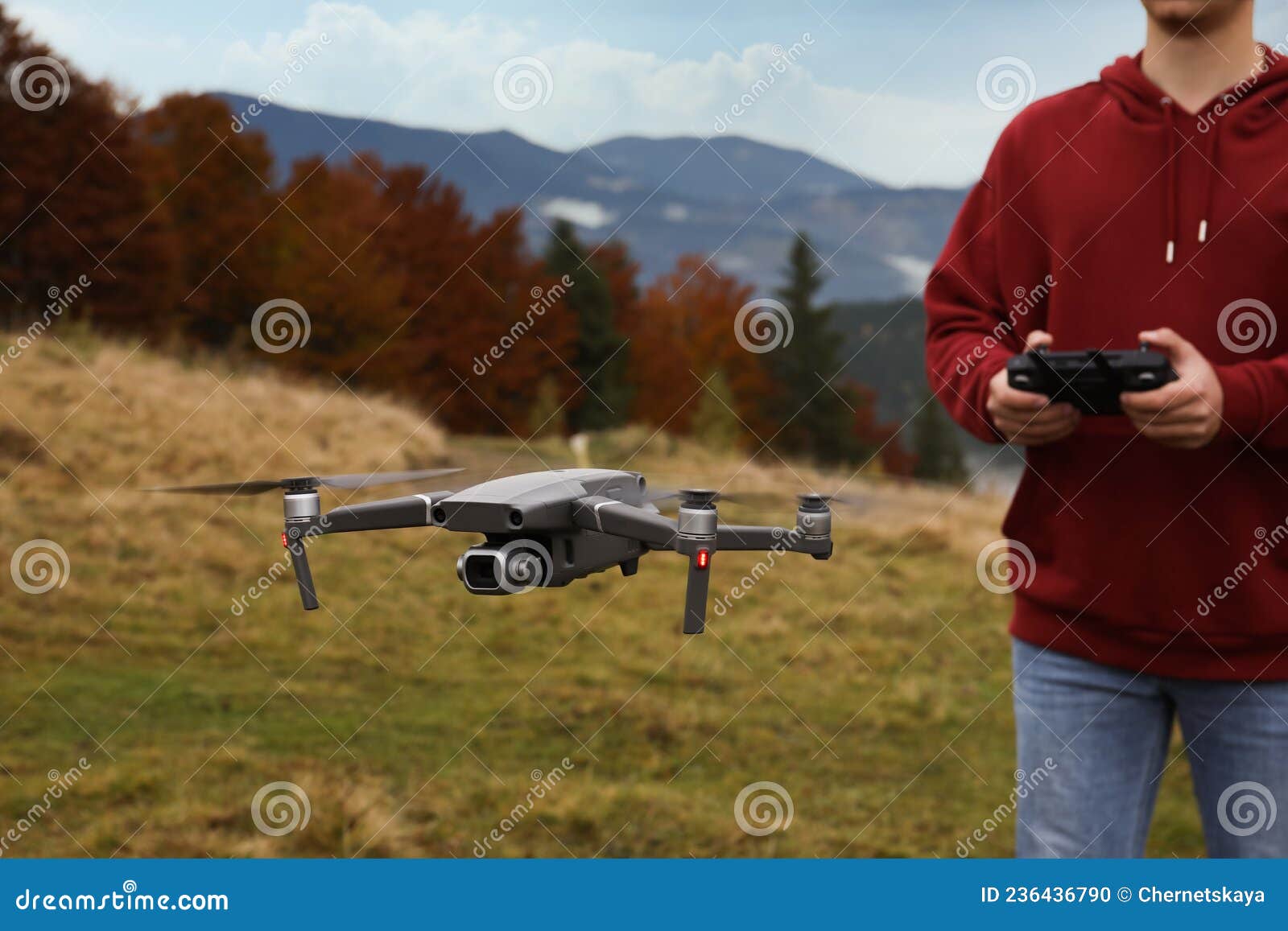 Man Operating Modern Drone with Remote Control in Mountains Stock Photo ...