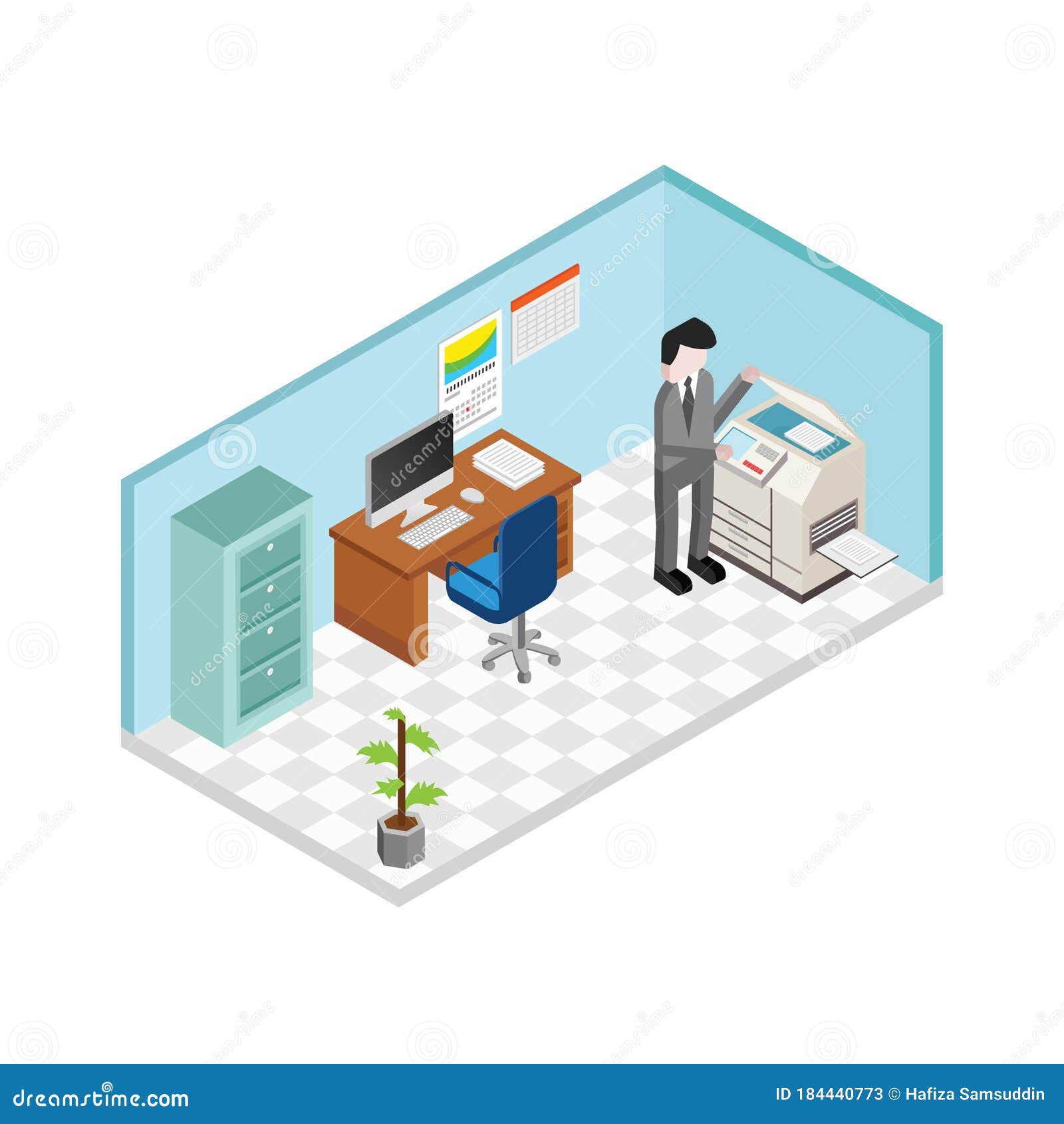 Man Operating Printing Machine in Office. Vector Illustration ...
