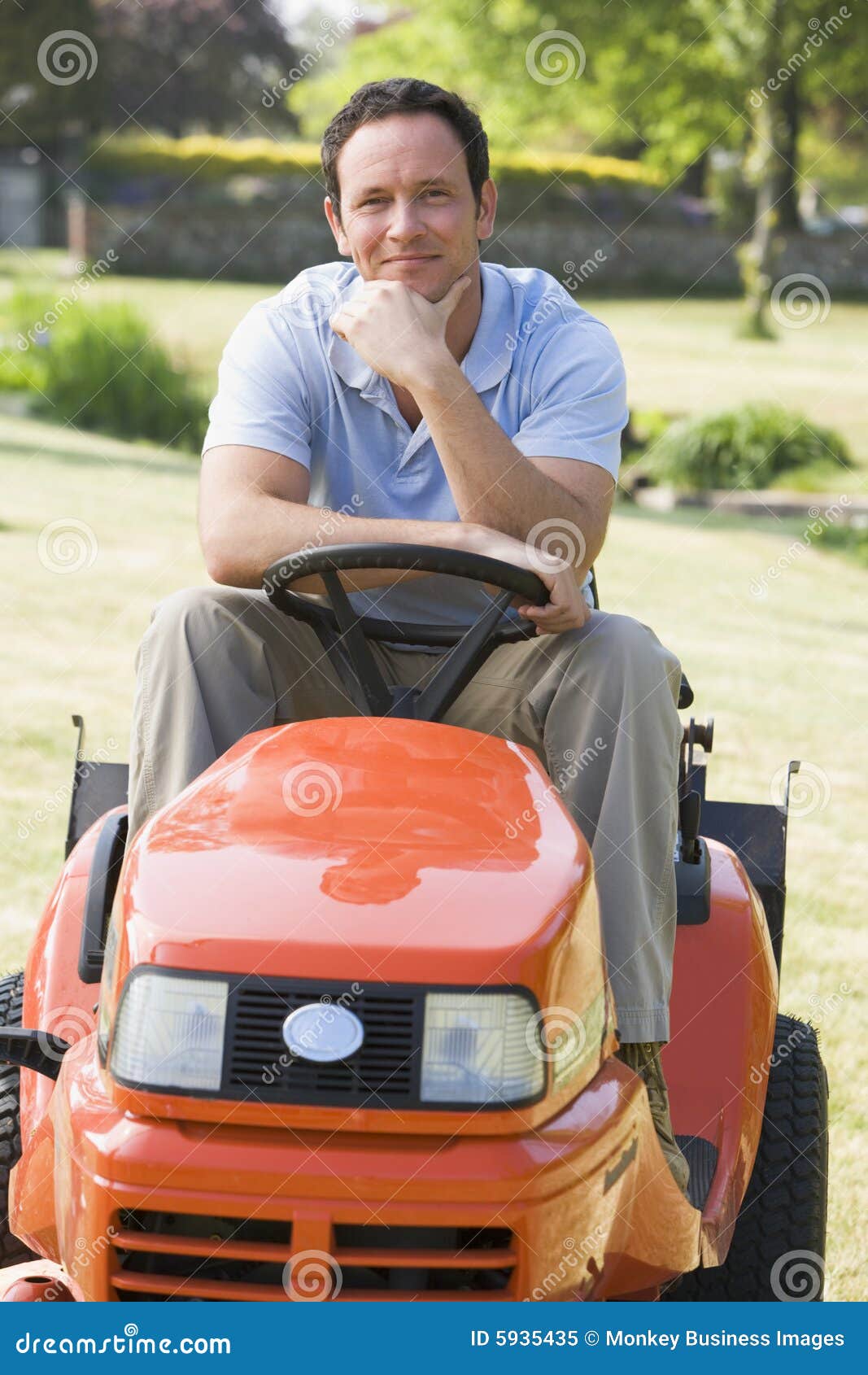 Man Outdoors on Lawnmower Smiling Stock Image - Image of camera ...