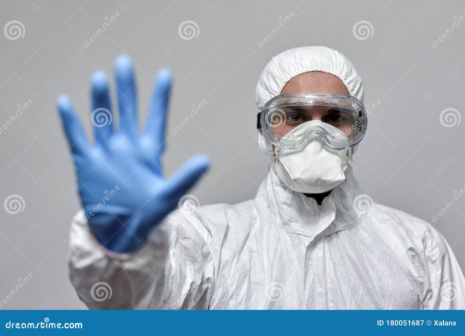 Man in Overall Suit Making Stop Sign Stock Image - Image of infection ...