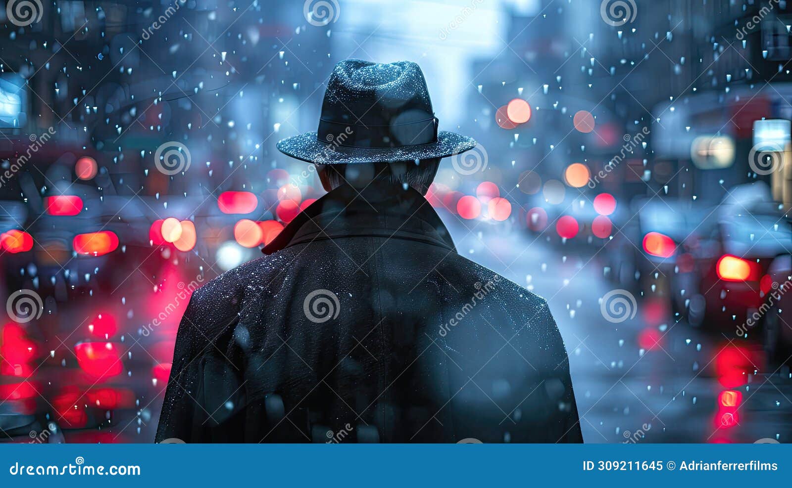 Man in Overcoat and Hat in the Rain with City Lights Behind. Stock ...