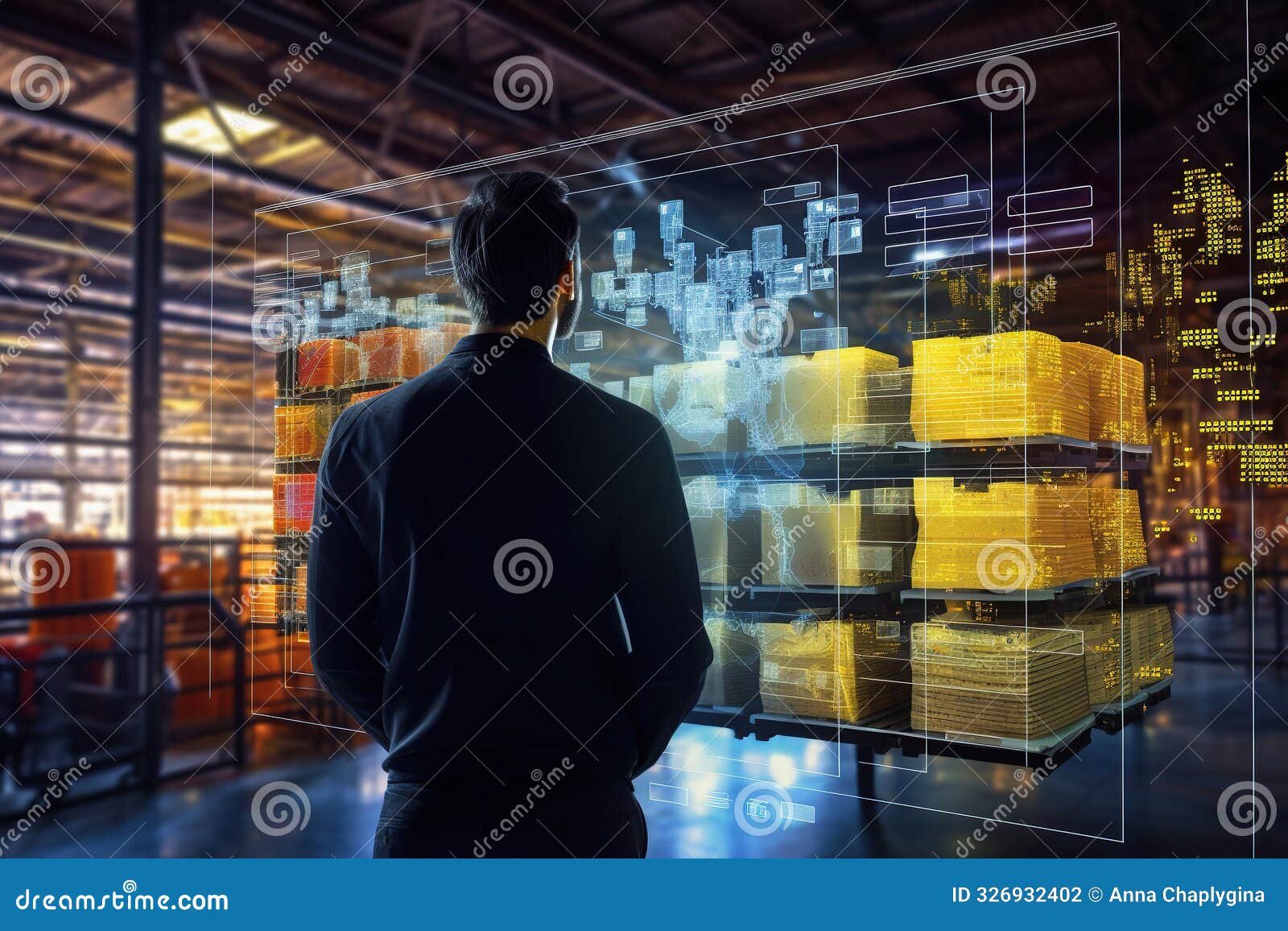 Man Overseeing High Tech Logistics Operations through Augmented Reality ...