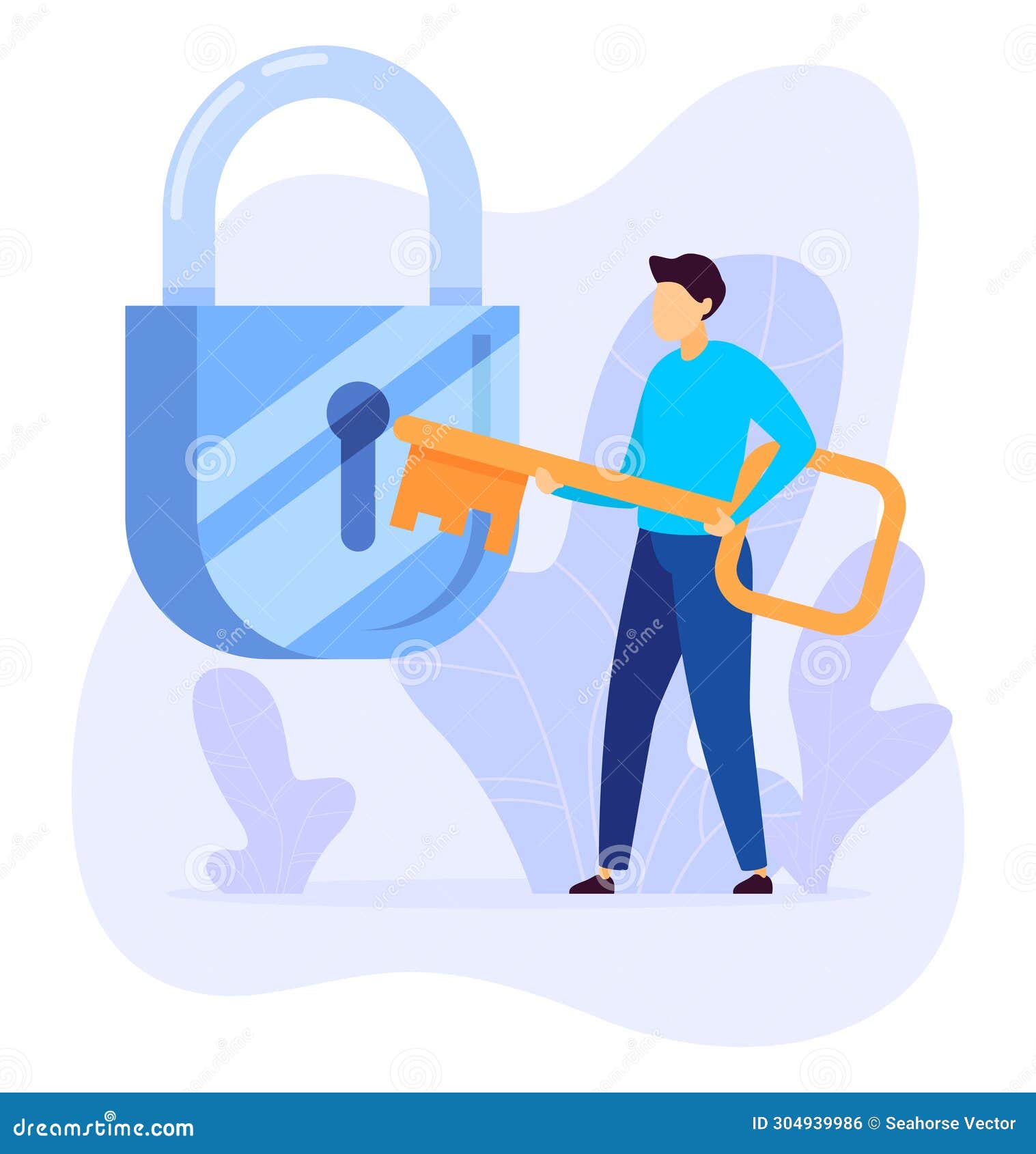 Man with Oversized Key Approaching Large Lock Symbolizes Security ...