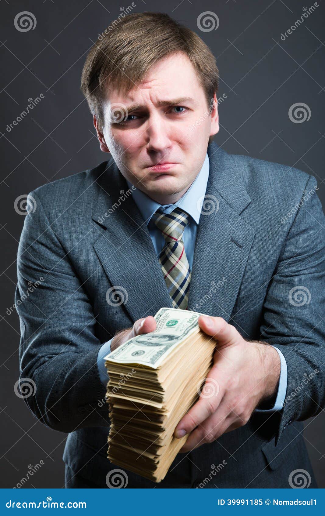 Man with Pack of Money Isolated on Gray Stock Image - Image of ...