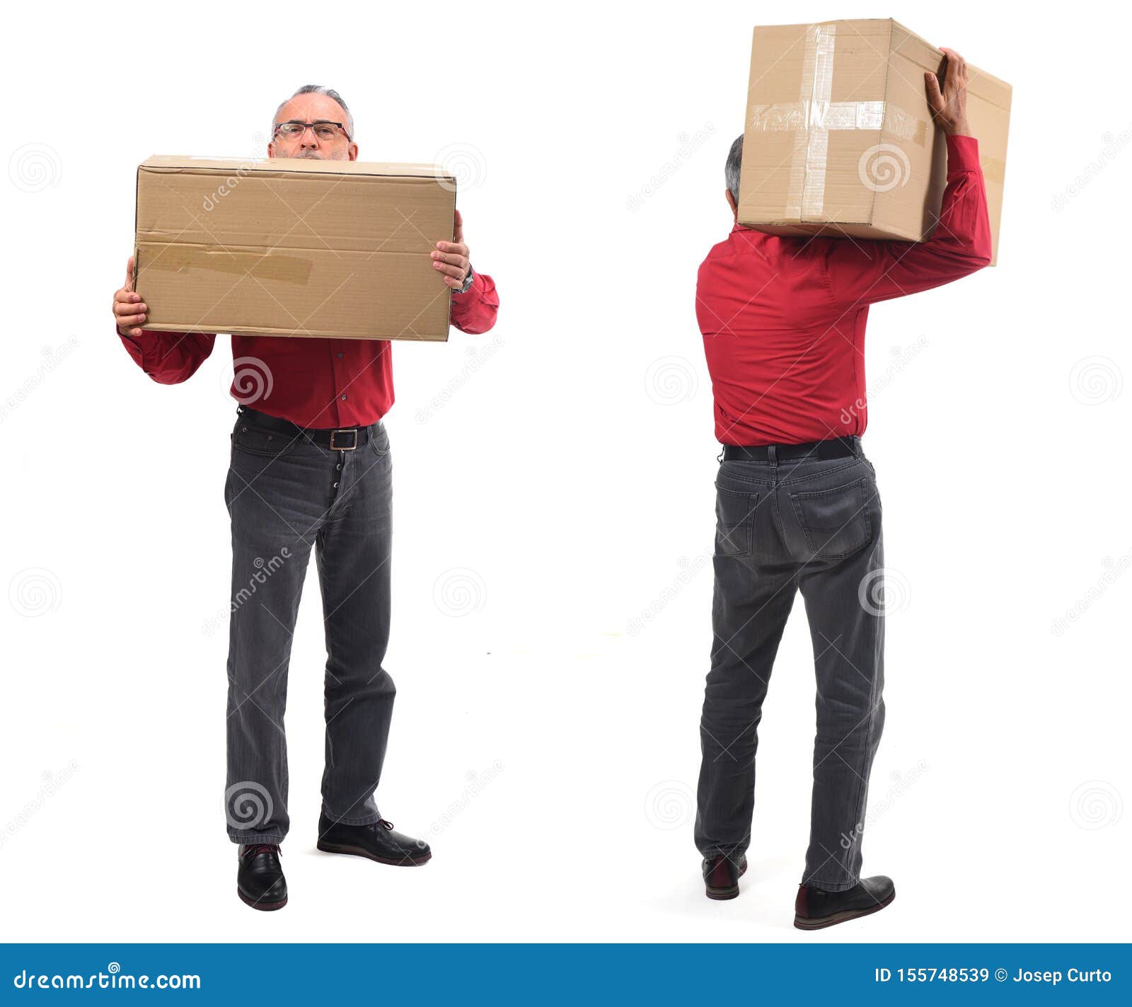 Man with Package Front and Back on White Background Stock Image - Image ...