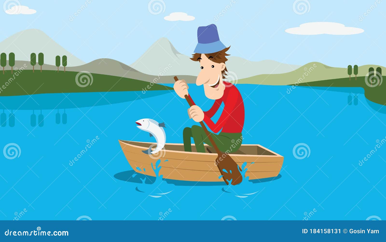 A Man Paddled To See Nature at that Time the Fish Jumped Up. Stock ...