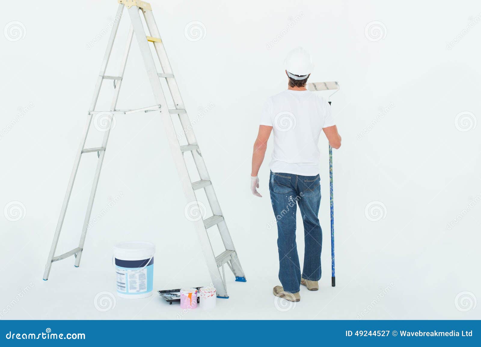 Man with Paint Roller Standing by Ladder Stock Image - Image of length ...