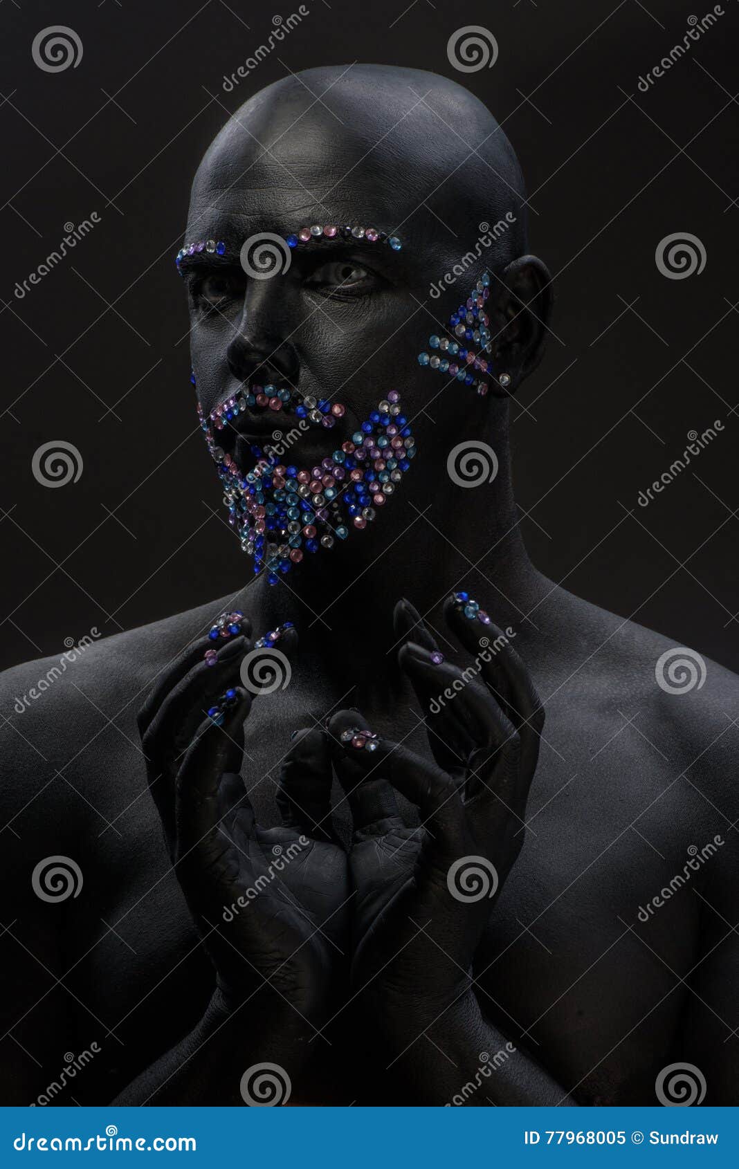 Man Painted in Black Color with Rhinestones Stock Image - Image of ...