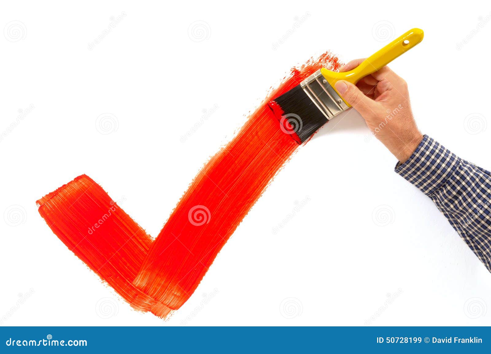 Man Painting Red Tick or Checkmark, Holding Paintbrush Stock Image ...