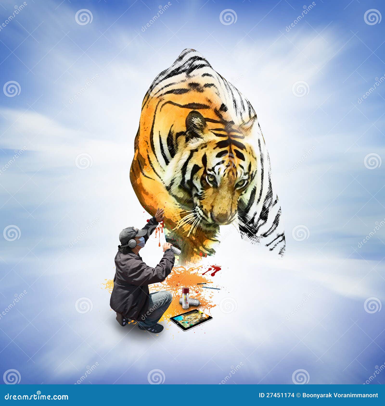 Man painting a tiger stock photo. Image of spray, decoration - 27451174