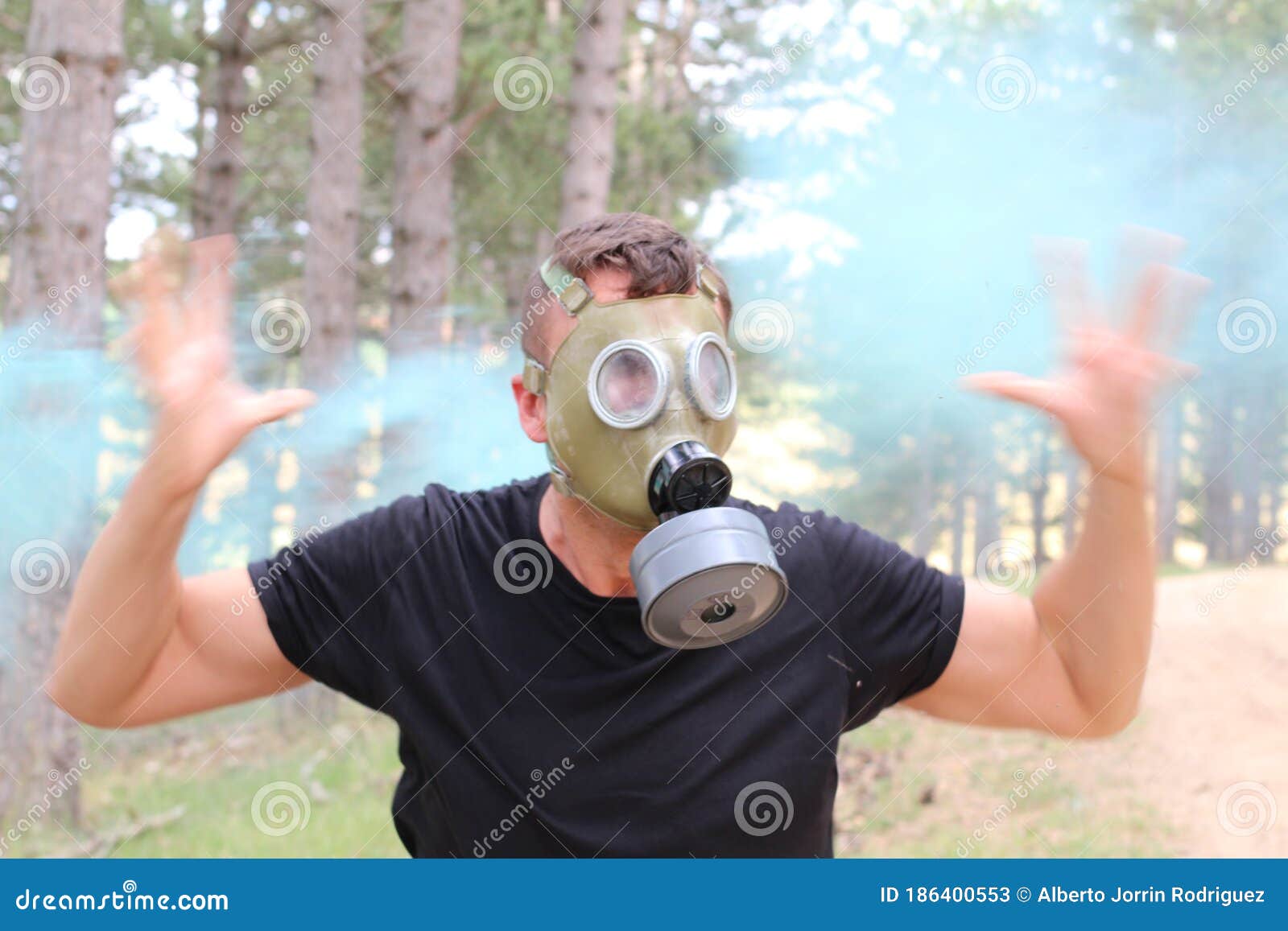 Man Panicking in the Forest with Gas Mask Stock Image - Image of ...