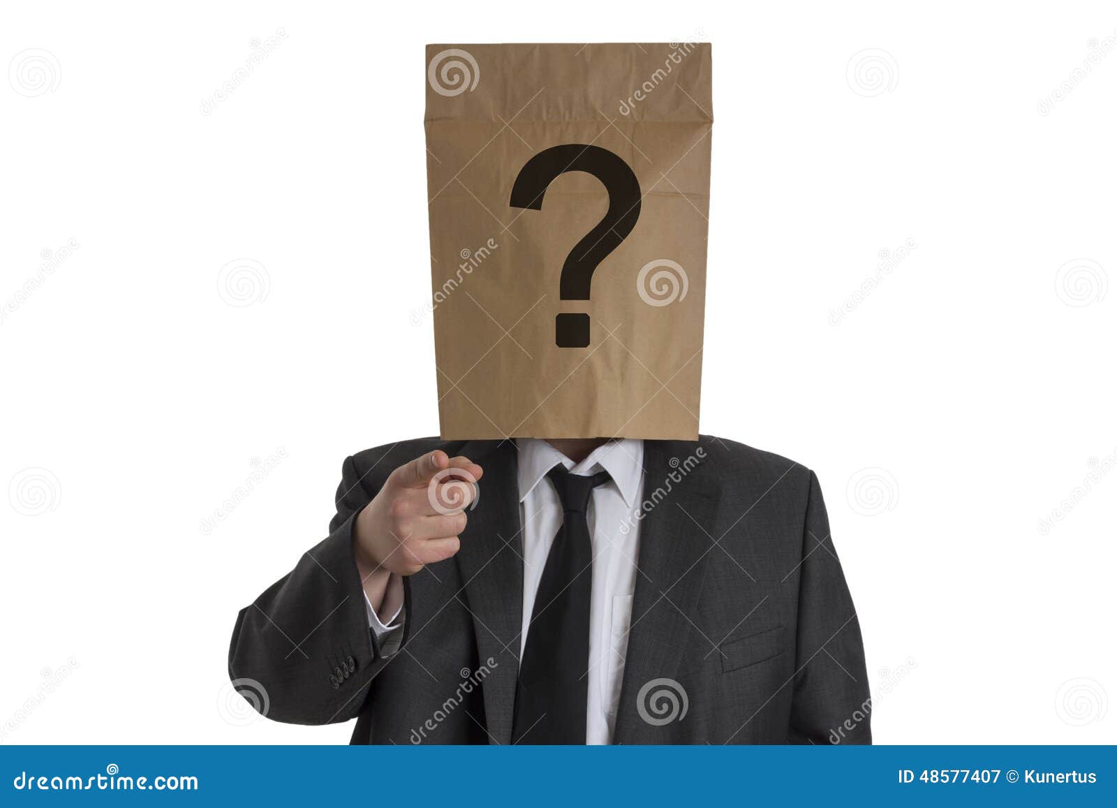 Man With Paper Bag With Question Mark On His Head Pointing Into Royalty ...
