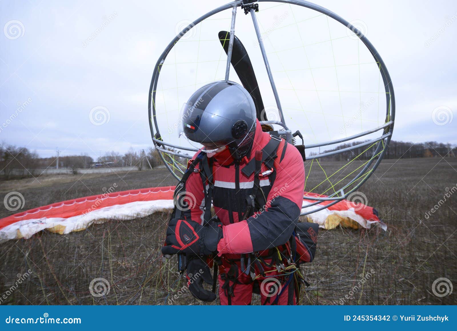 Man Paramotorist Preparing the Paramotor for Flight Editorial ...