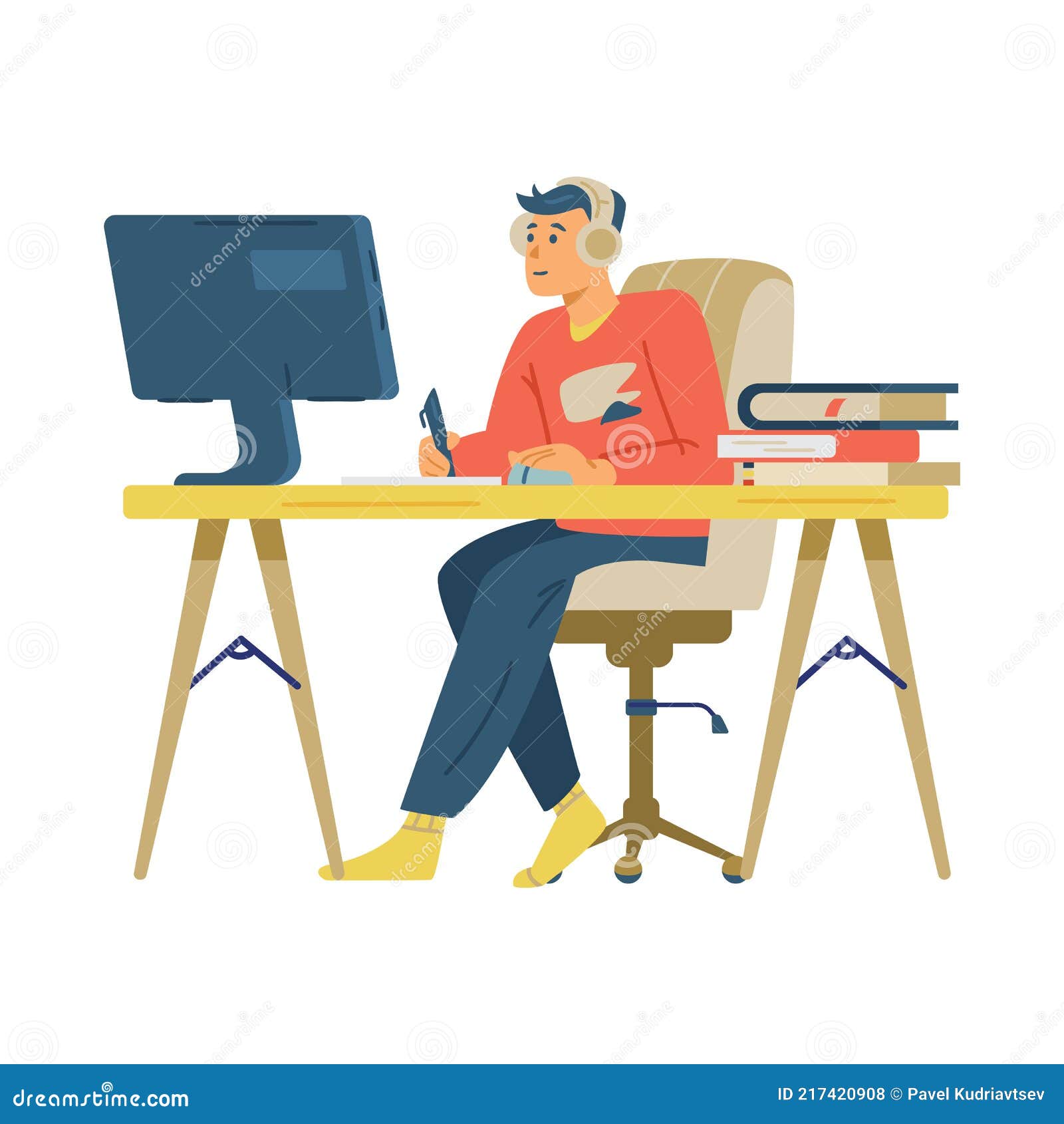 Man Participating in Online Training or Courses, Vector Illustration ...