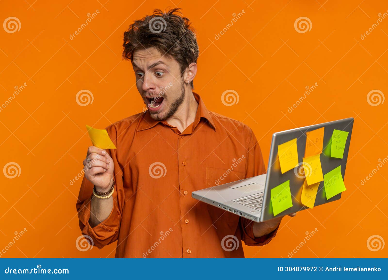 Man with Pasted Sticker Notes Use Laptop Having Concentration Problem ...