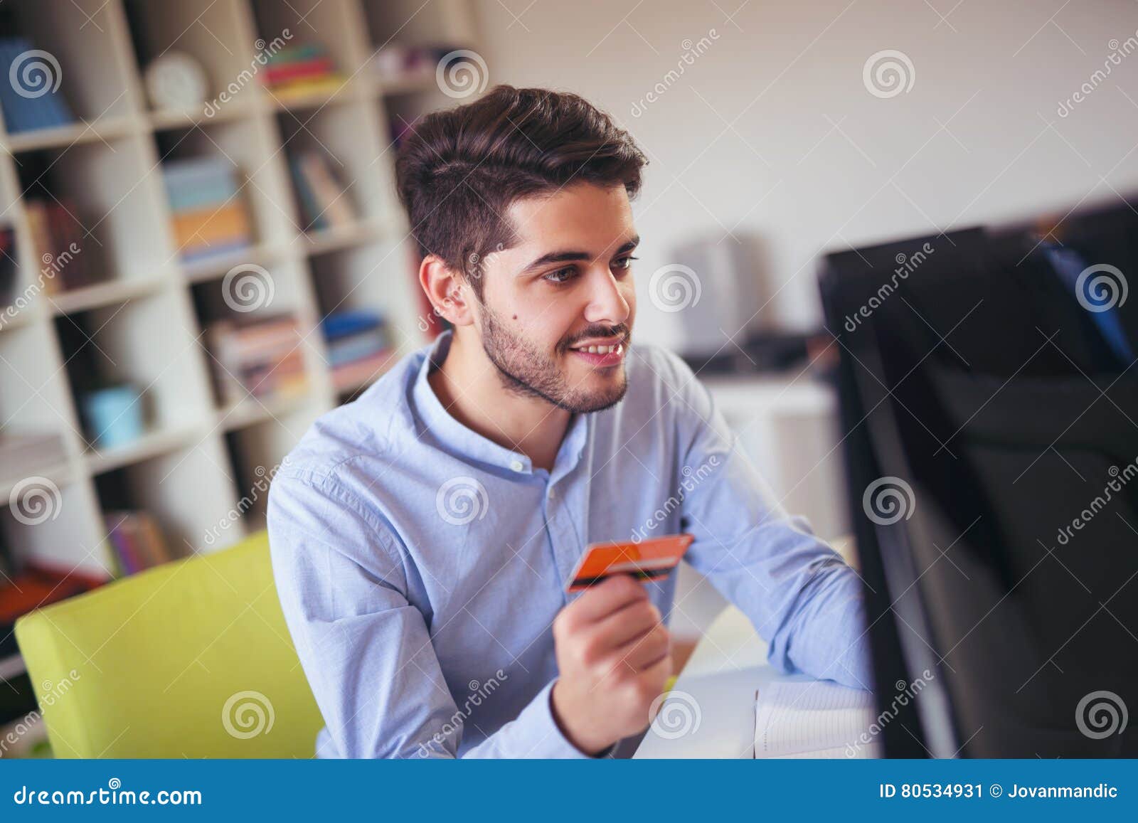 Man Paying with Credit Card on Computer Stock Image - Image of indoors ...