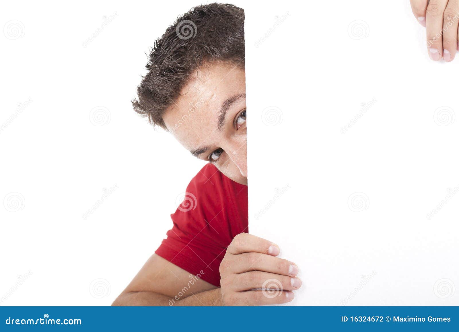 Man Peeking Behind Empty White Billboard Stock Photo - Image of ...