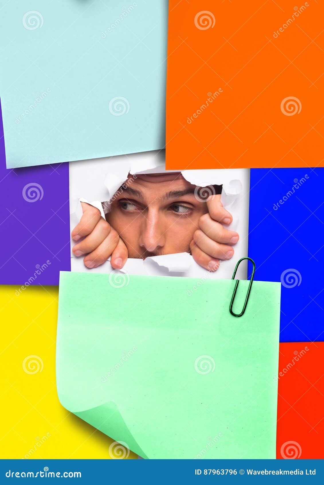 Man Peeking through Sticky Notes Stock Photo - Image of note, orange ...