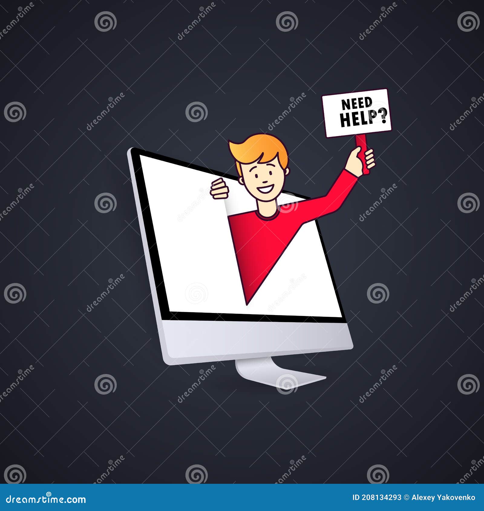 Man Peeks Out Computer and Holds the Sign that Asks Need Help. Support ...