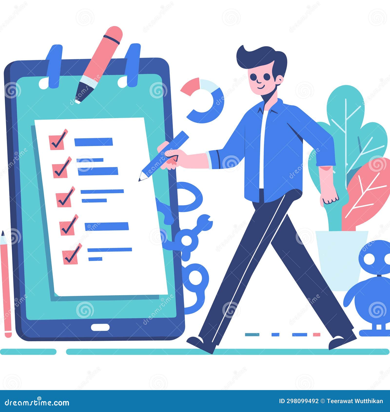 Man with Pencil Marking Completed Tasks on To-do List. Stock Vector ...