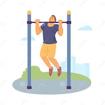 Man Performs Pull-ups on Horizontal Bar, Flat Vector Illustration ...