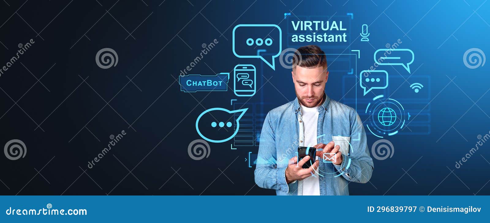 Man with Phone and AI Virtual Assistant Stock Image - Image of concept ...