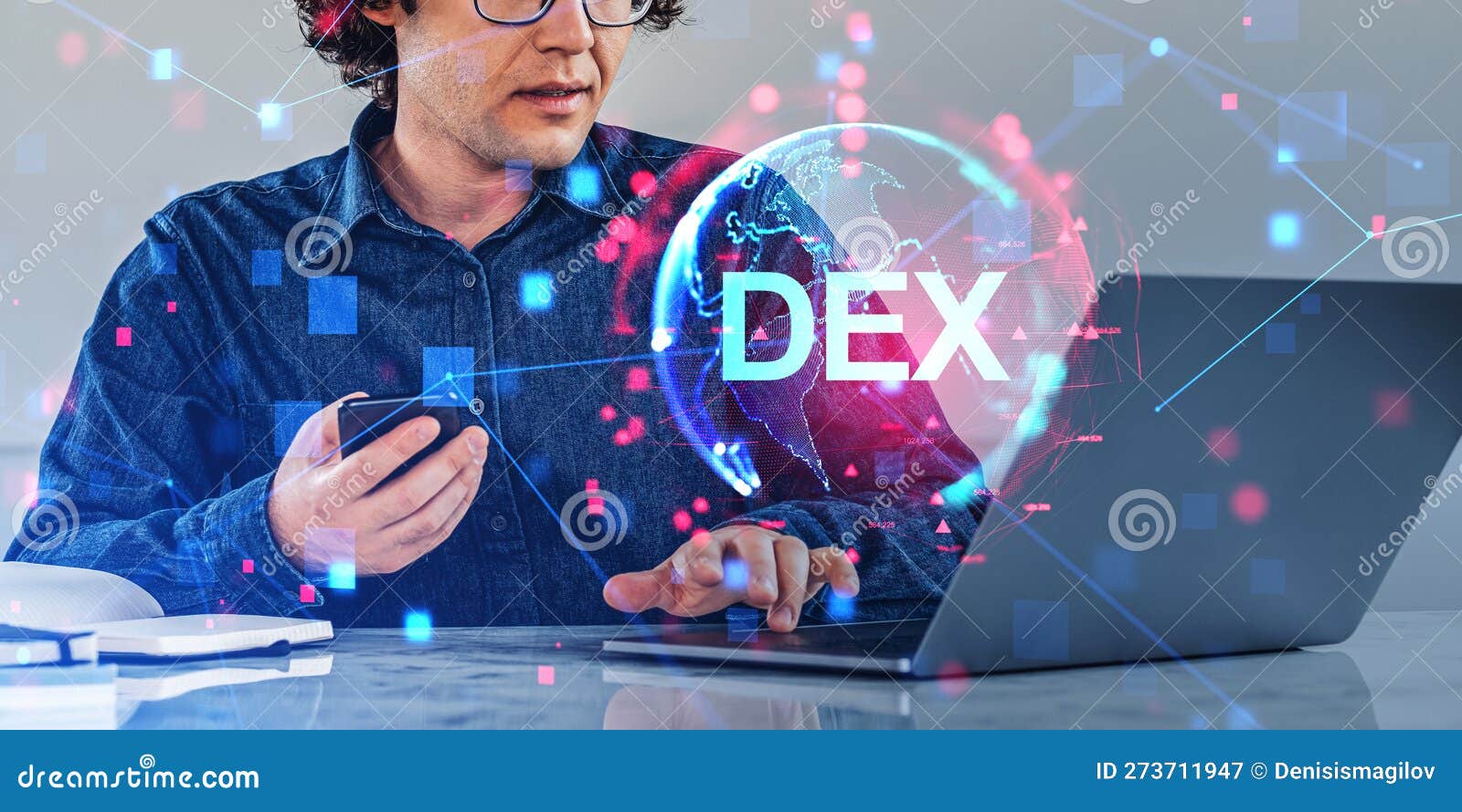 DEX Decentralized Exchange In Different Cities With World Map On Blue ...