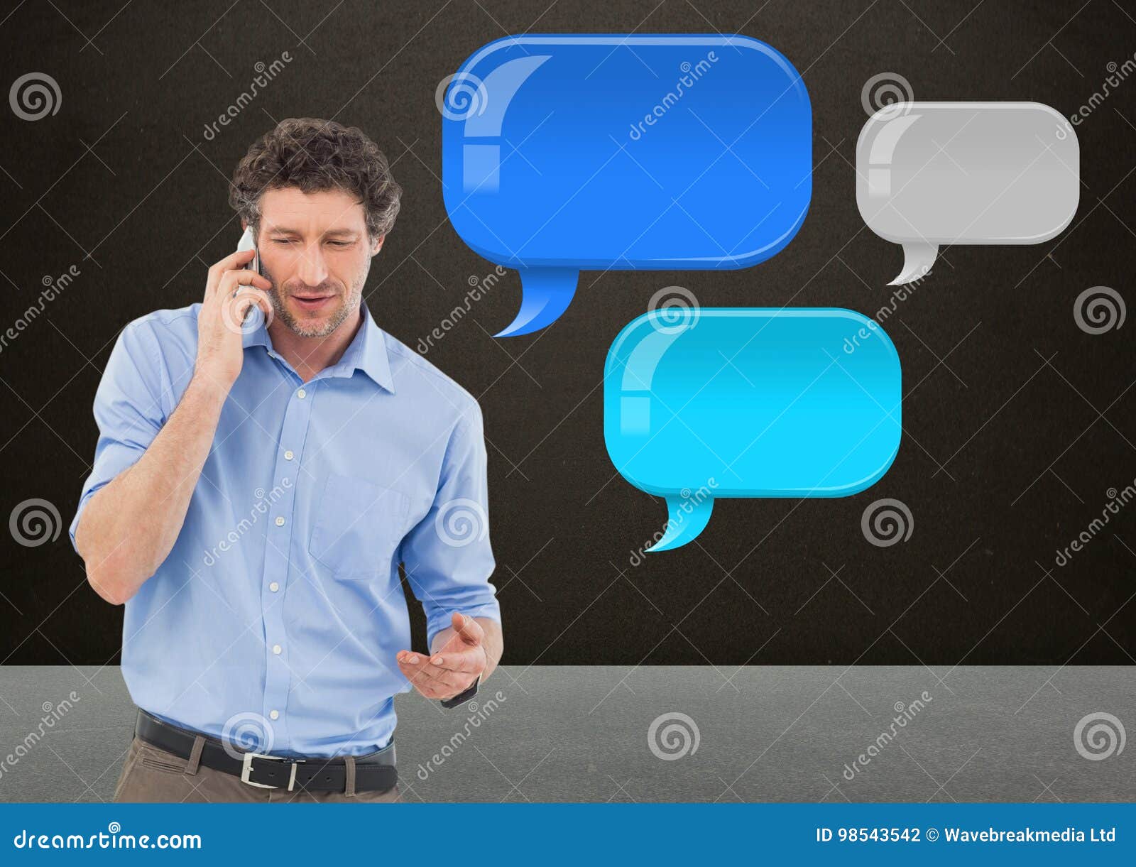 Man on Phone with Shiny Chat Bubbles Stock Photo - Image of isolated ...