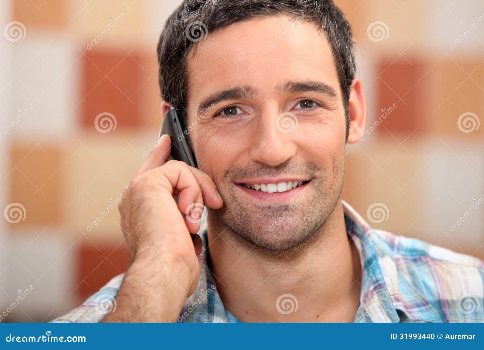Man on phone stock photo. Image of home, happy, years - 31993440
