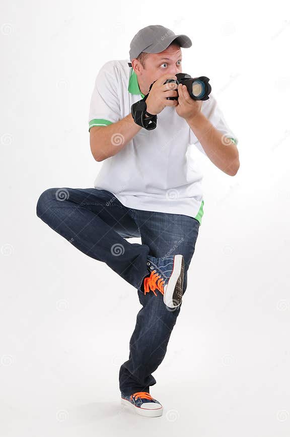 Man Photographer with Camera in Funny Pose Stock Photo - Image of ...