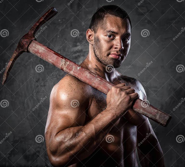 Man with pickaxe stock photo. Image of chest, miner, holding - 32236728