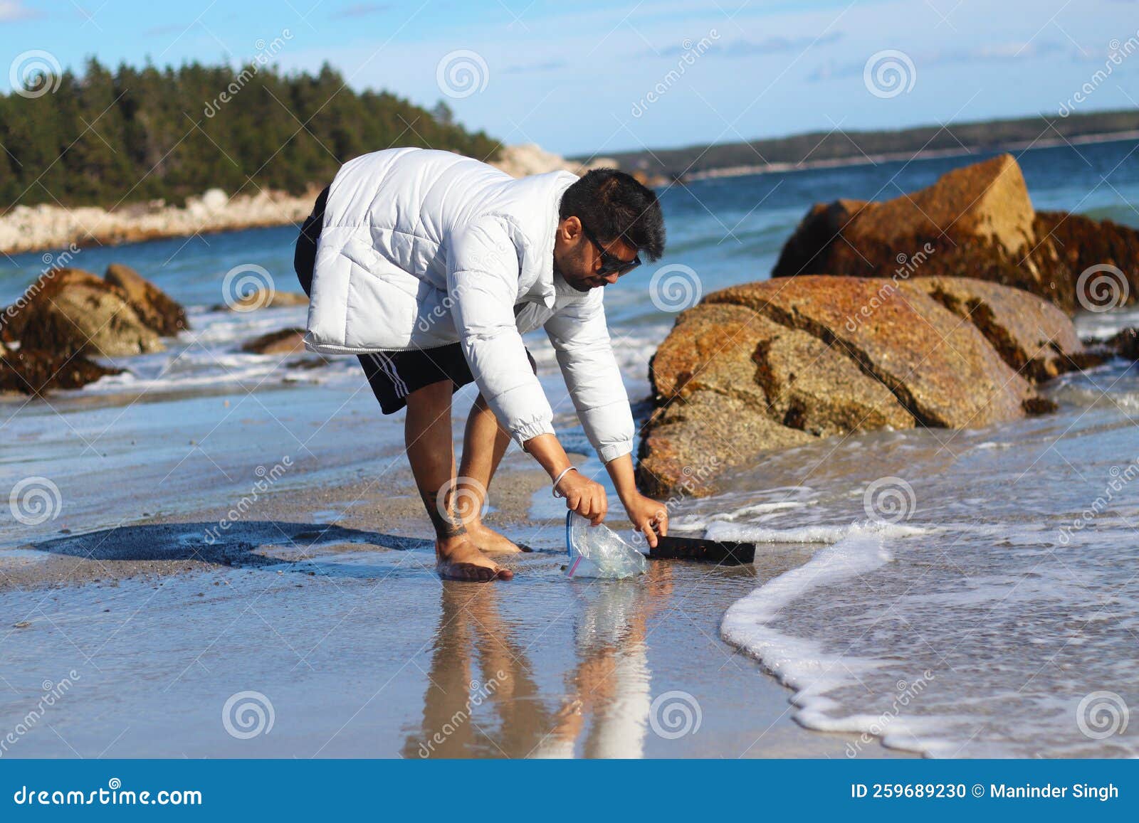 Man Picking Up Litter on Beach. Stock Photo - Image of pharmacy, flat ...