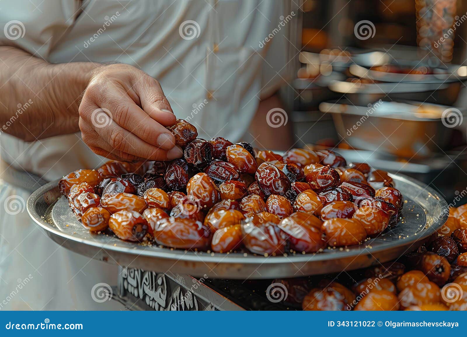 Man is Picking Up Some Dates from Plate Stock Illustration ...