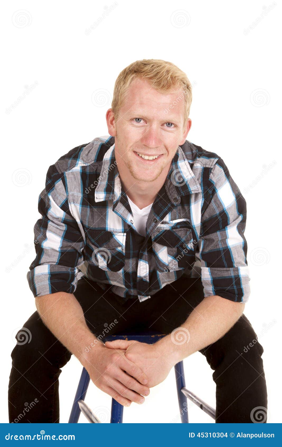 Man in Plaid Shirt Sit Lean Forward Smile Stock Photo - Image of happy ...