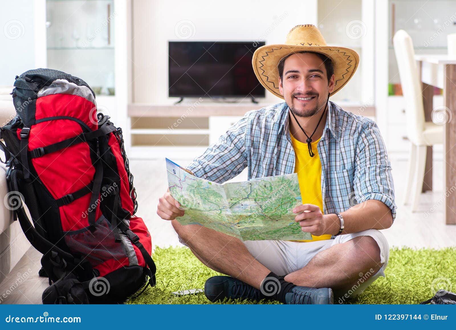 The Man Planning His Travel with Map Stock Photo - Image of packing ...