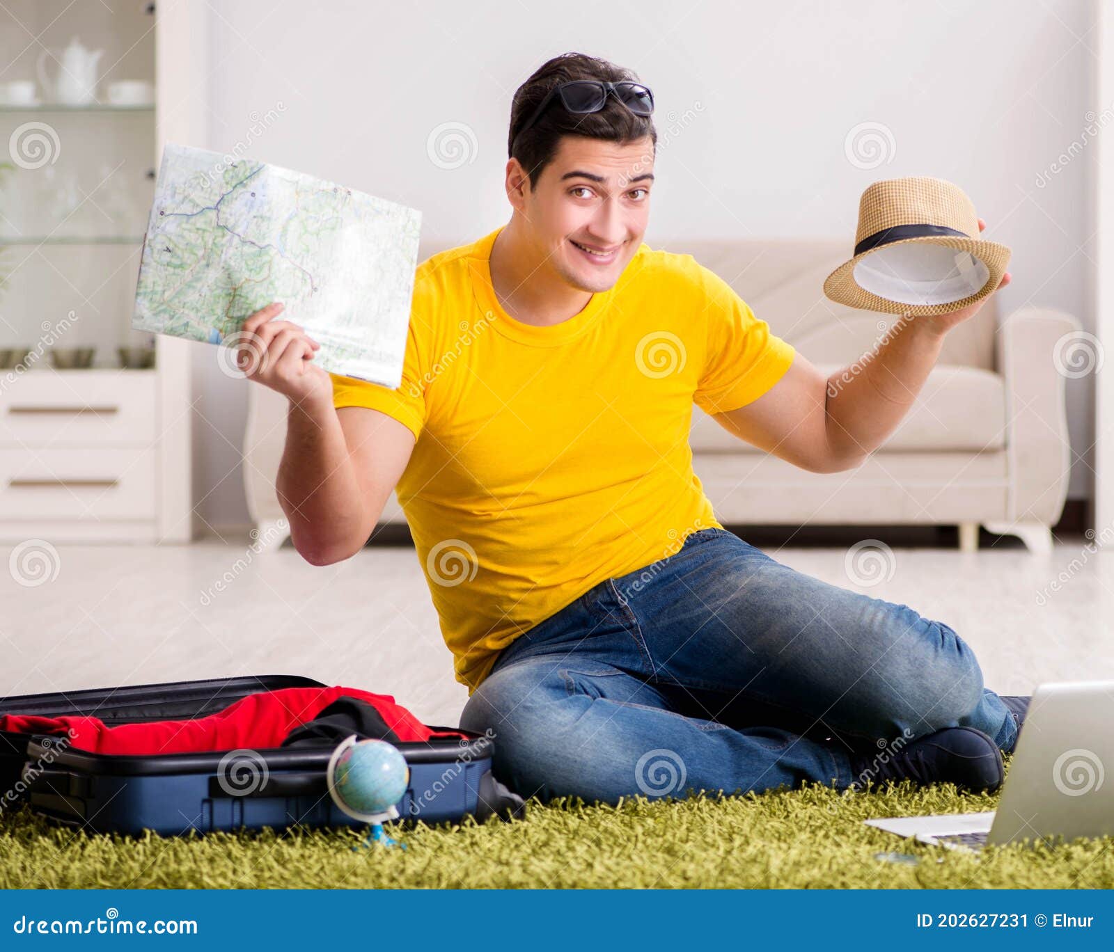 Man Planning His Vacation Trip with Map Stock Image - Image of booking ...
