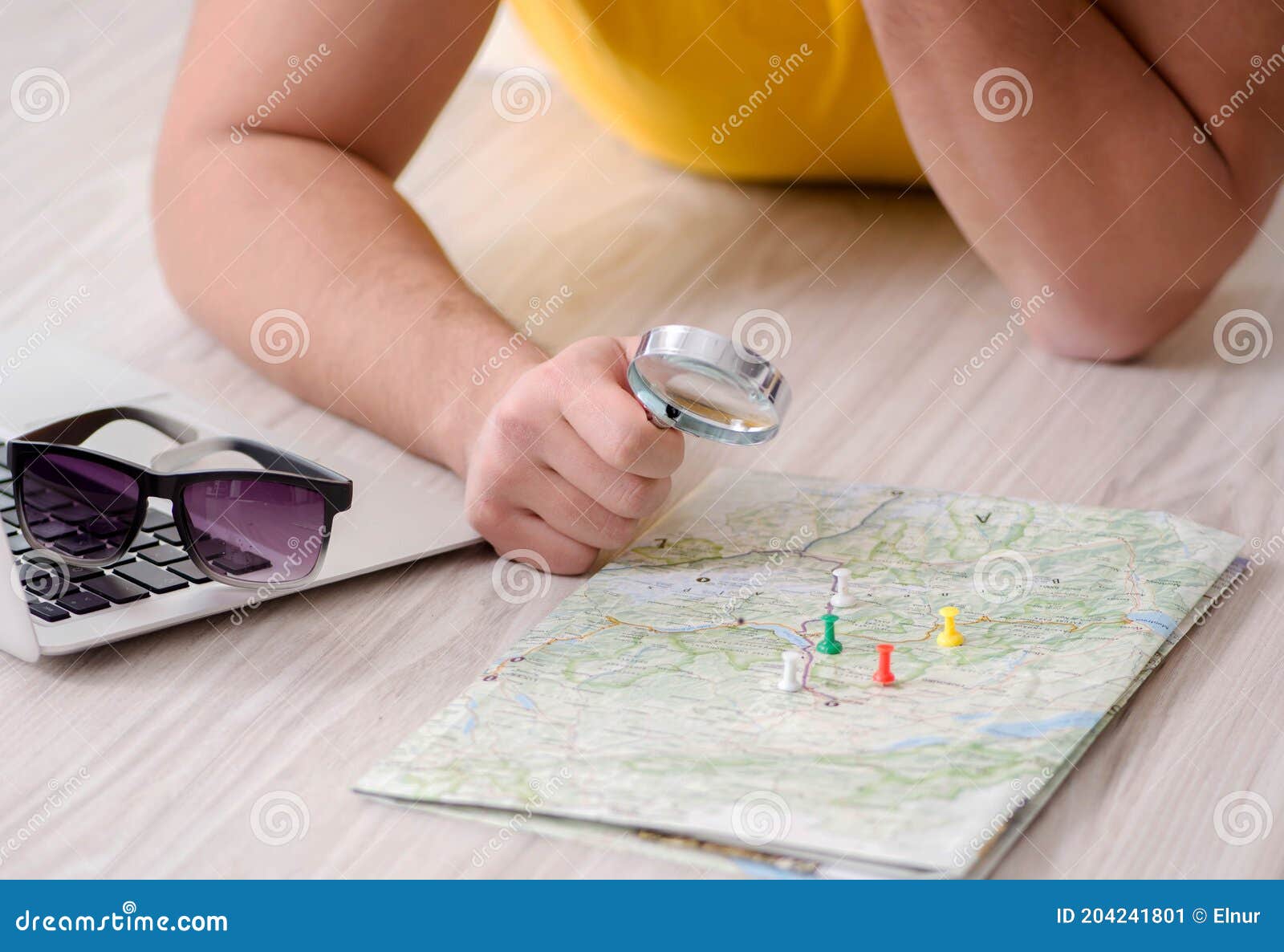 Man Planning His Vacation Trip with Map Stock Image - Image of happy ...