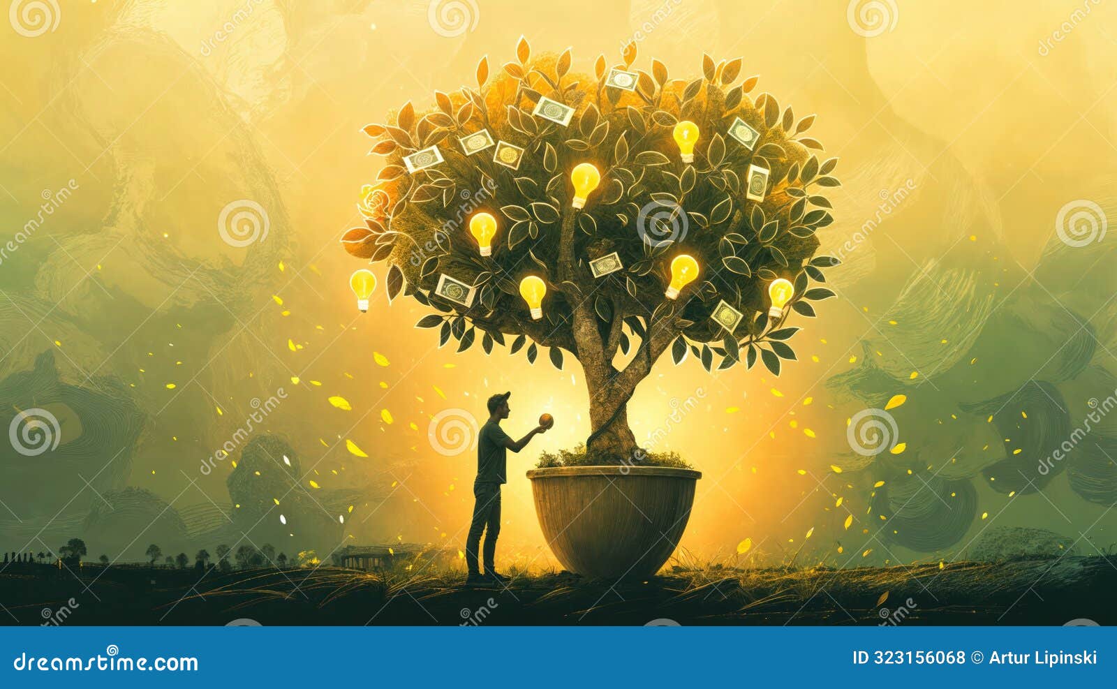 Man Planting a Seed Under a Tree with Money and Lightbulbs Stock ...