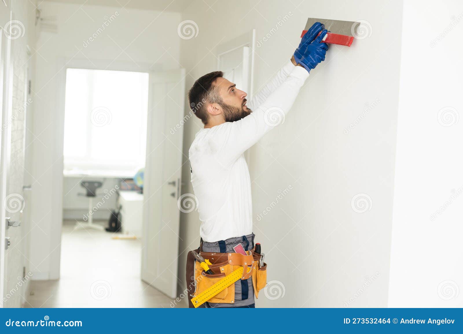 Man Plasterer Construction Worker at Work, Takes Plaster from Bucket ...
