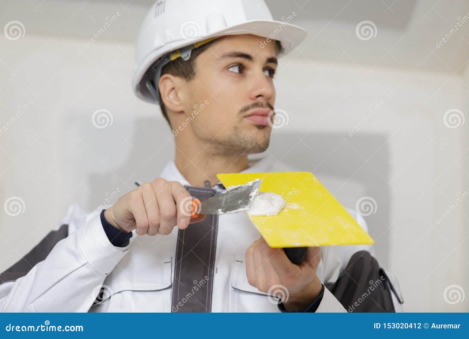 Man Plastering Wall with Trowel Stock Photo - Image of project, people ...