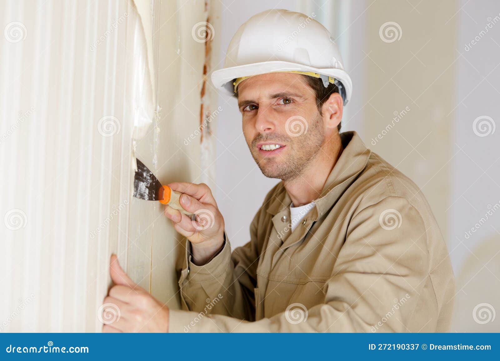 Man Plastering Wall with Trowel Stock Image - Image of horizontal ...