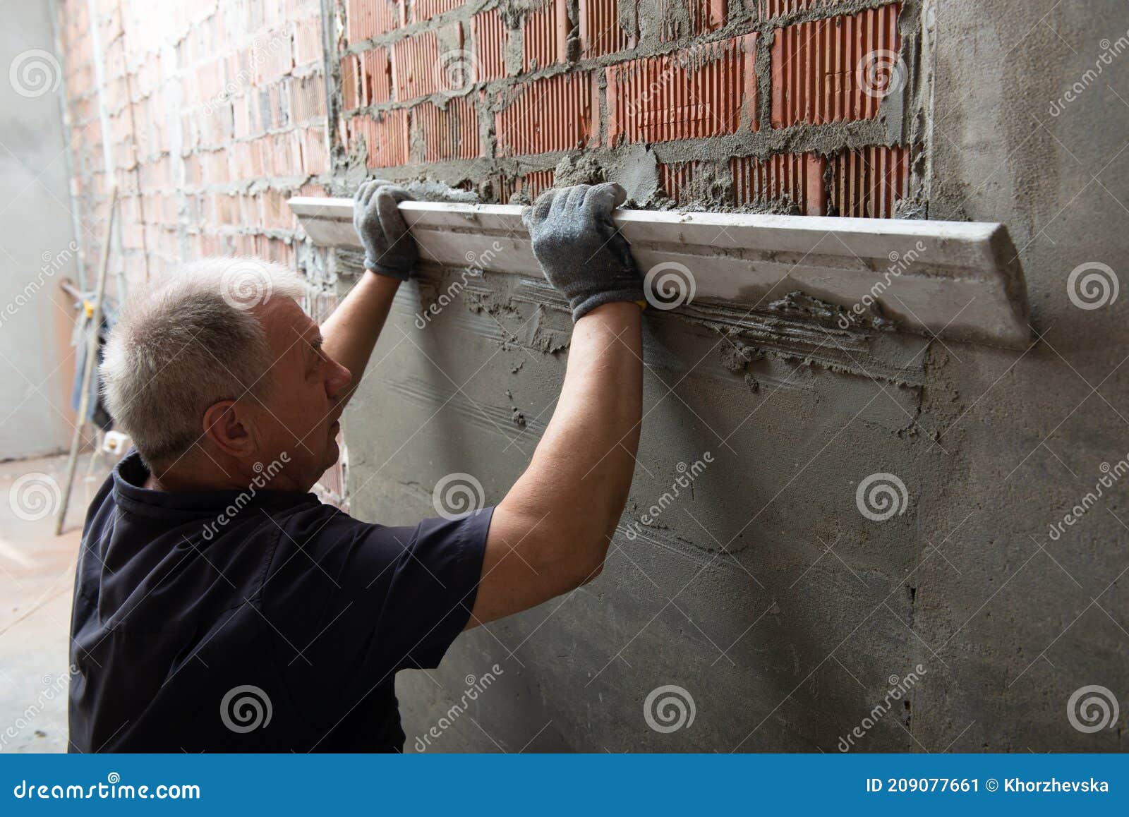 Man Plastering Wall. Worker Makes Renovation Stock Image - Image of ...