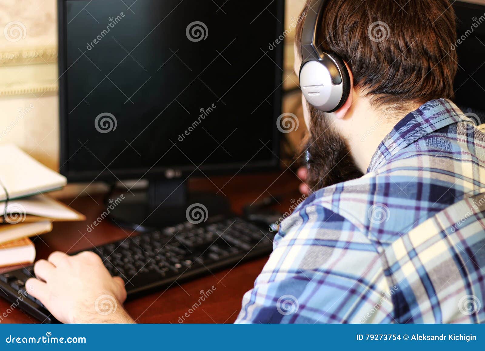 Man Play Computer with Headphones Stock Photo - Image of activity ...