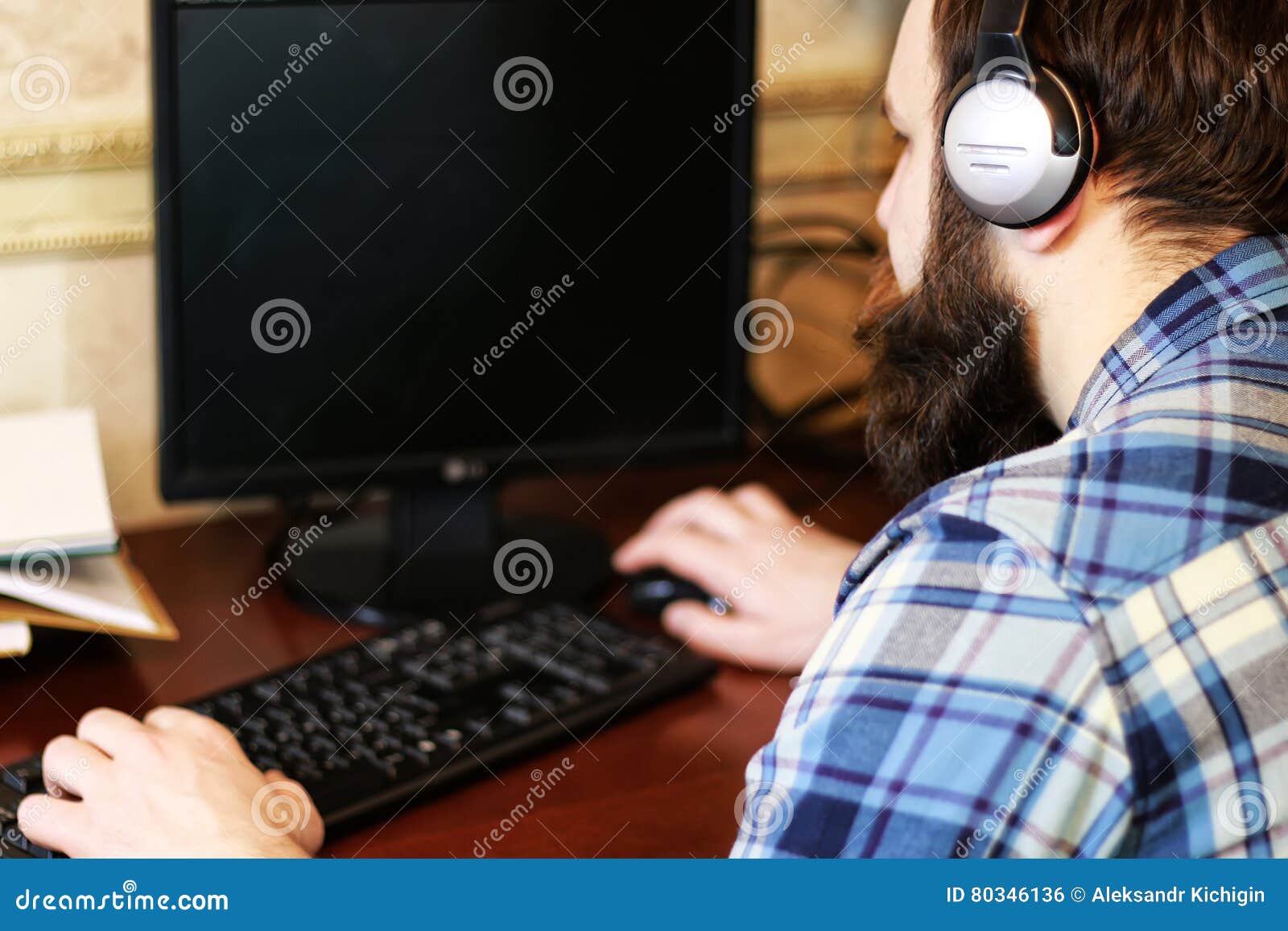 Man Play Computer with Headphones Stock Photo - Image of keyboard, male ...