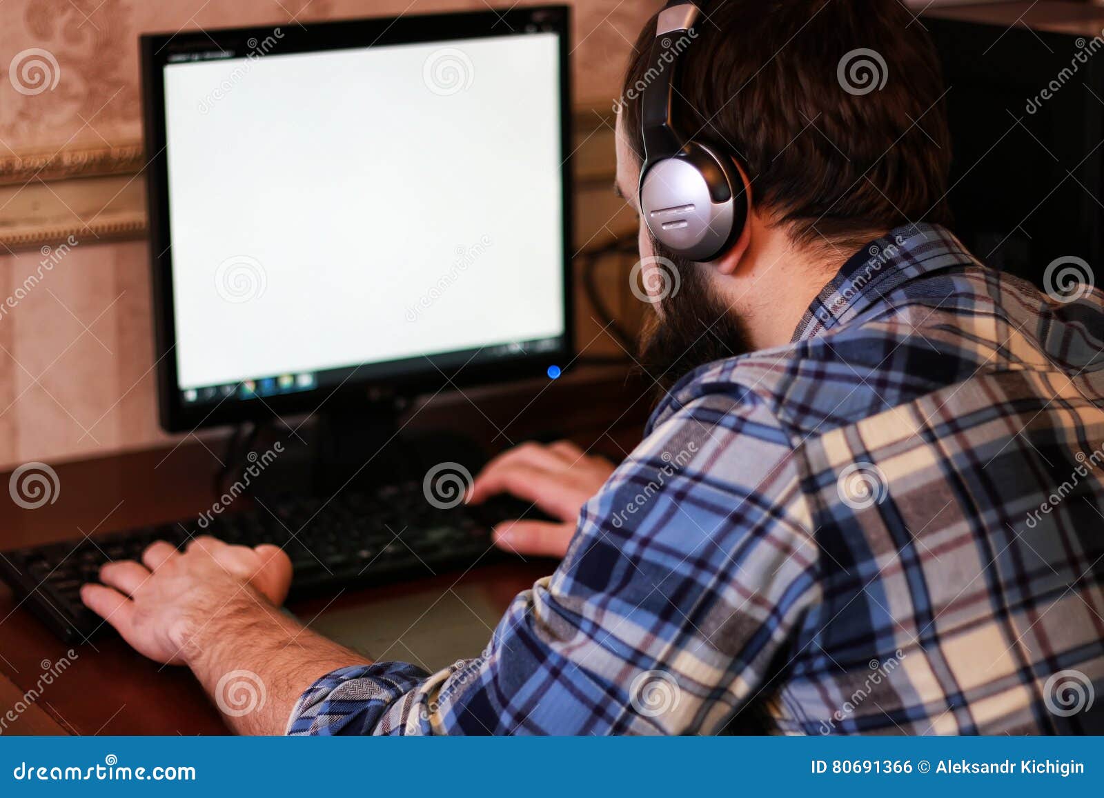 Man Play Computer with Headphones Stock Photo - Image of leisure ...