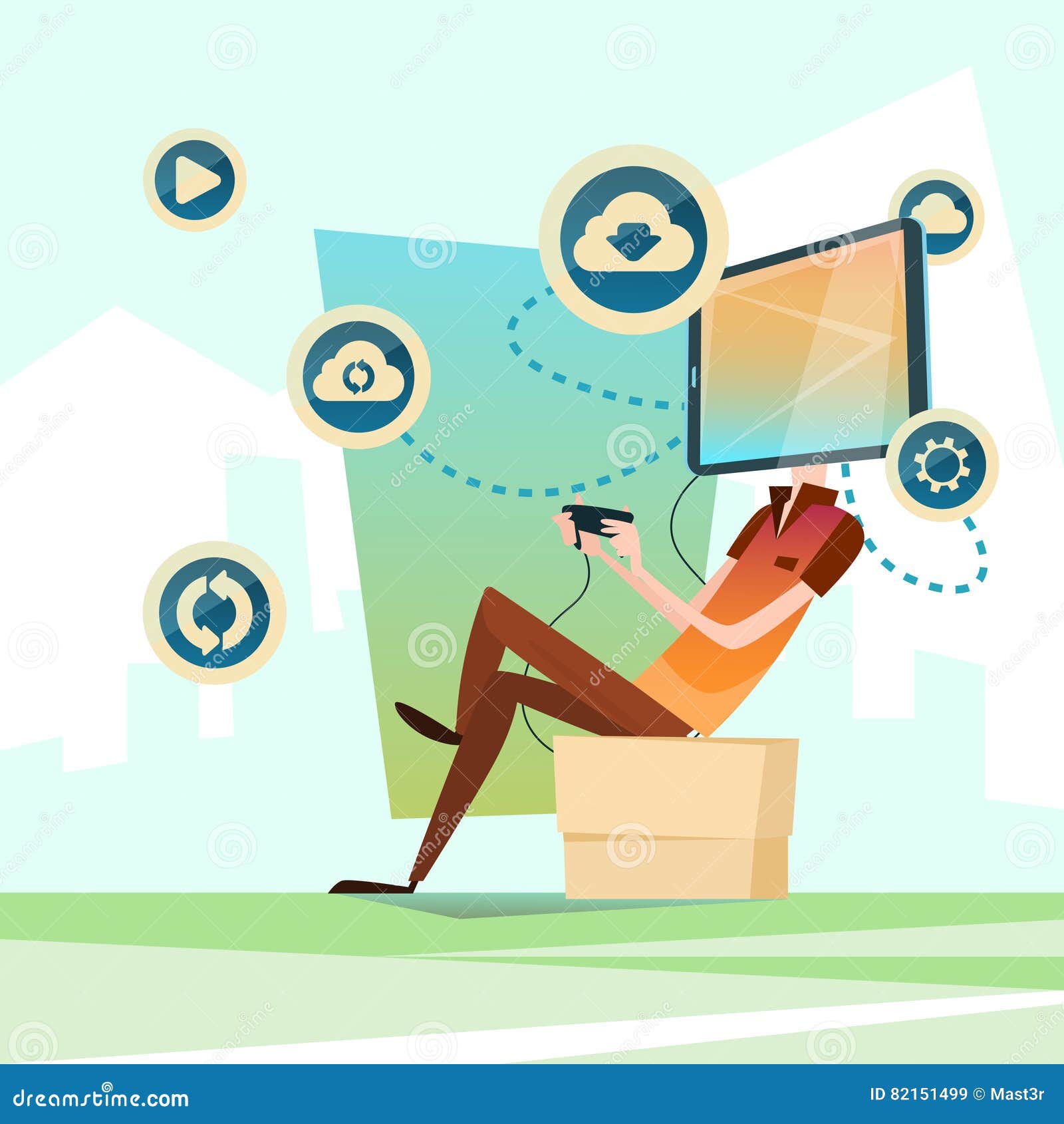 Man Play Computer Video Game Cell Smart Phone Head Social Network ...