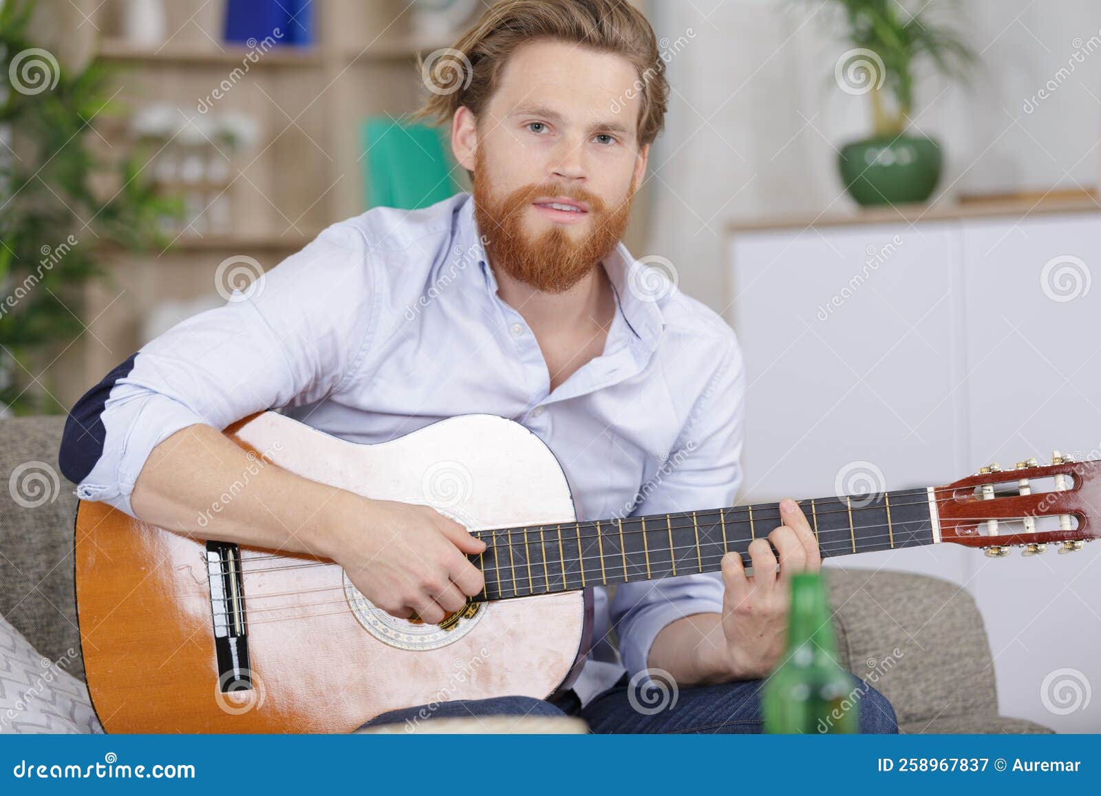 Man Playing Acoustic Guitar Alone Stock Image - Image of casual ...