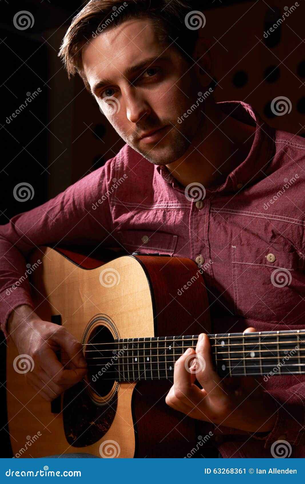 Man Playing Acoustic Guitar in Recording Studio Stock Image - Image of ...